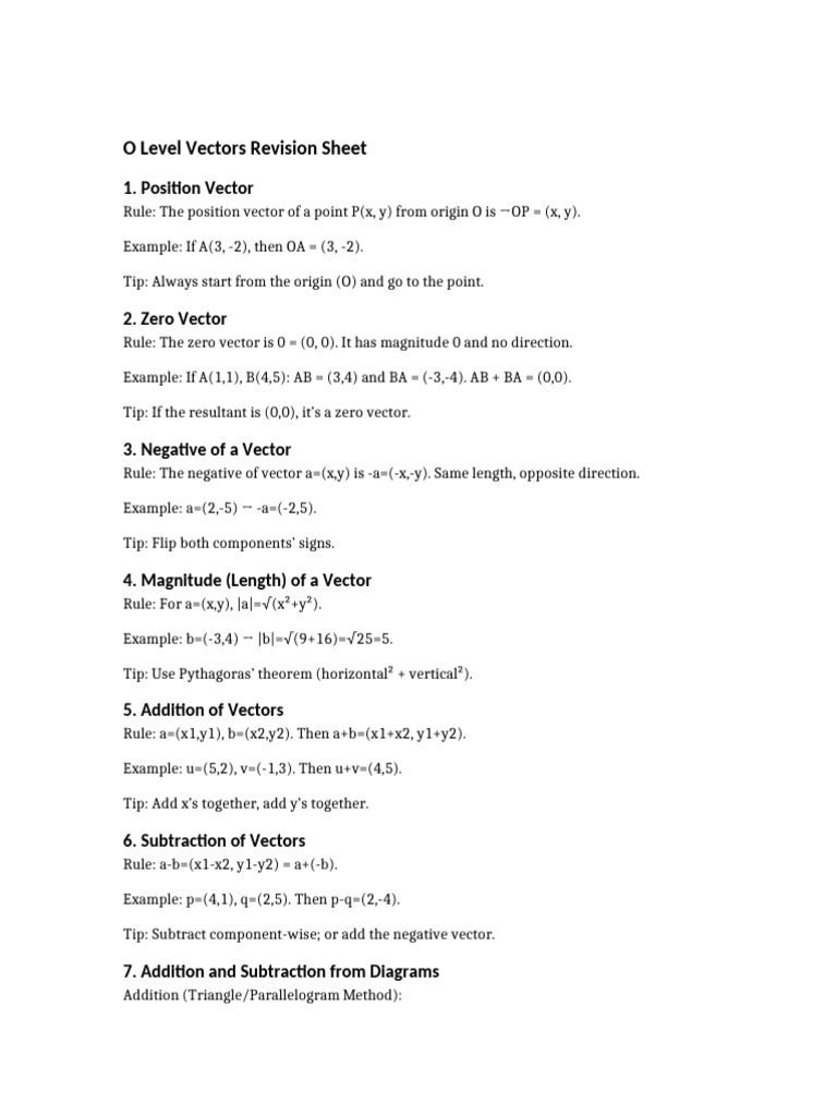 O Level Vectors Revision Sheet | PDF | Euclidean Vector | Algebra