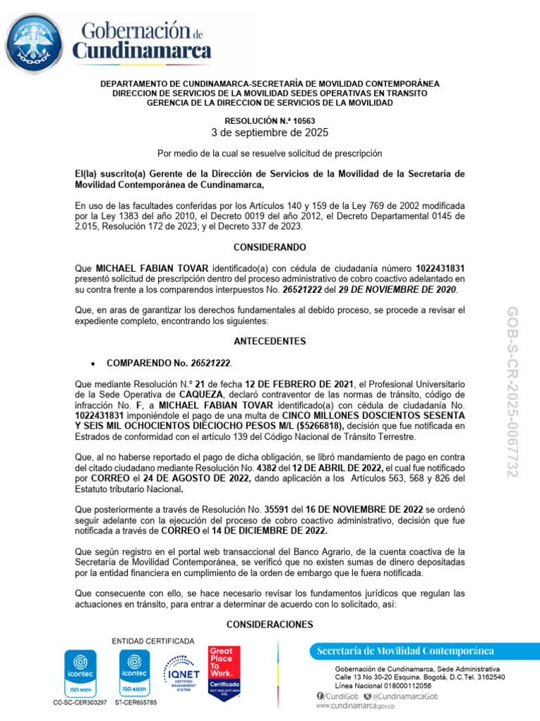 RES GOB MICHAEL FABIAN TOVAR | PDF | Estatuto de limitaciones | Estado ...