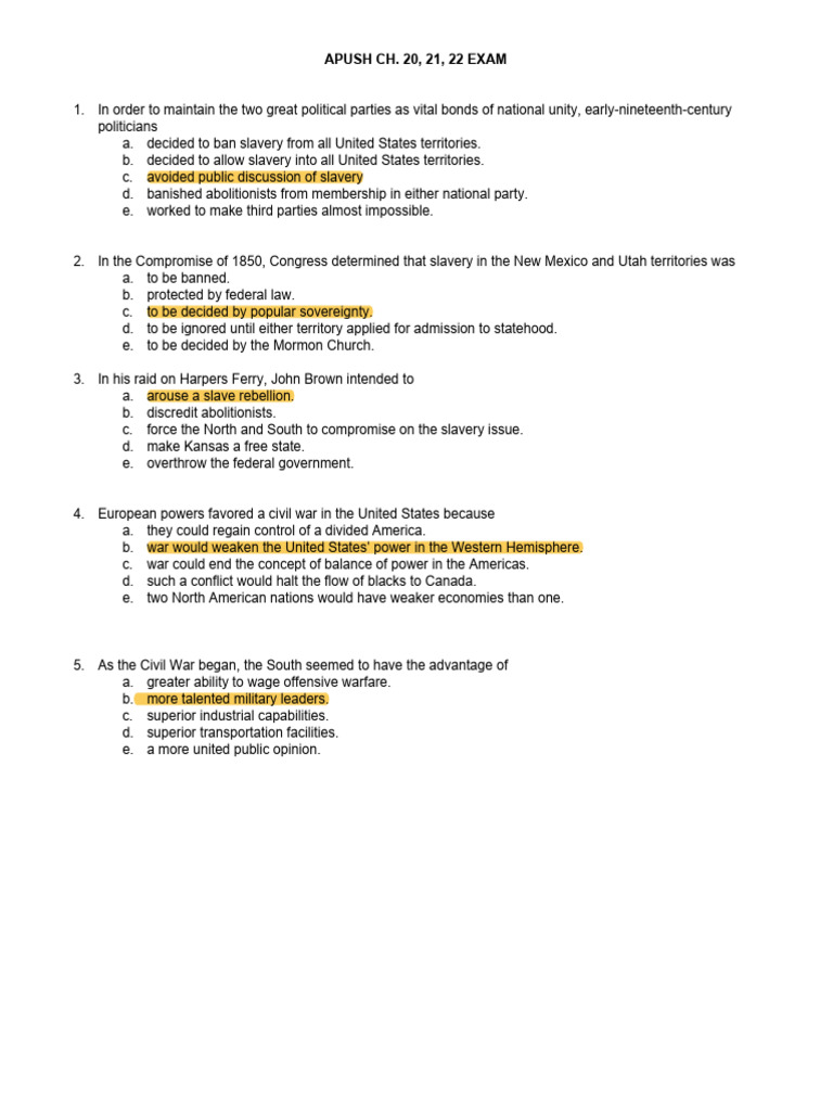 APUSH Civil War Exam Questions | PDF | Reconstruction Era | American ...