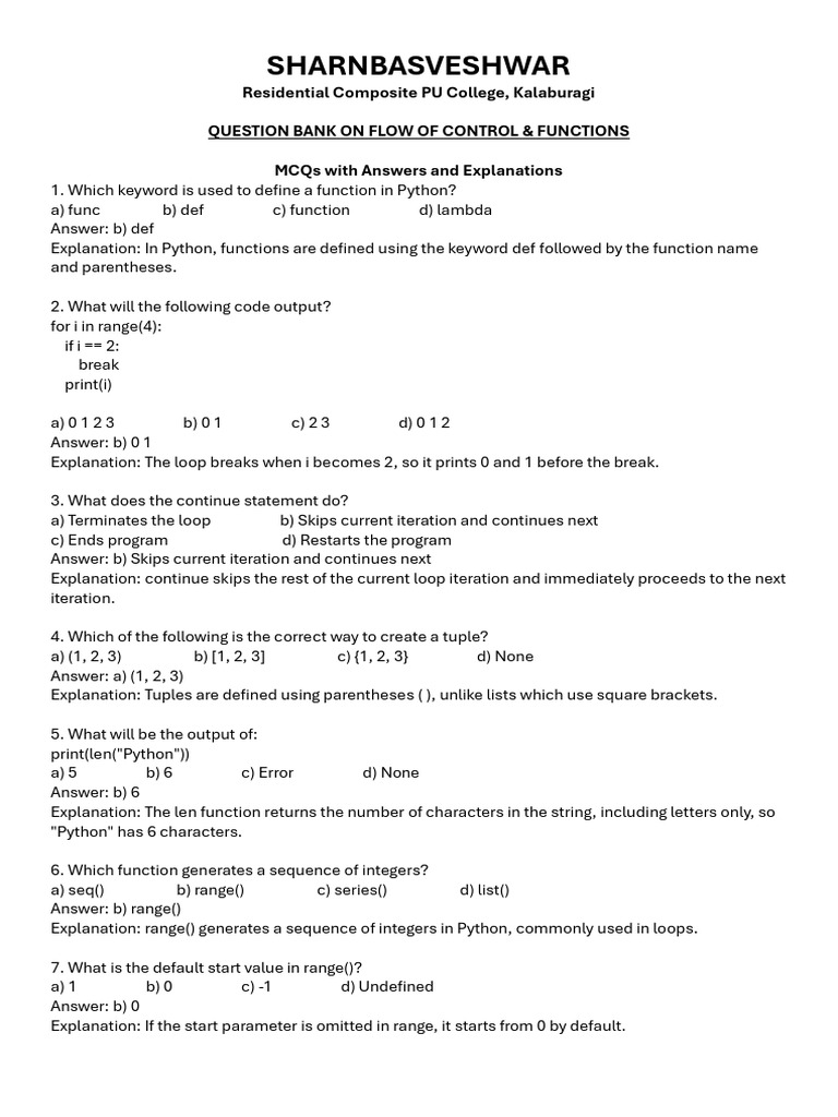 Question Bank On Functions and Flow of Control | PDF | Parameter ...