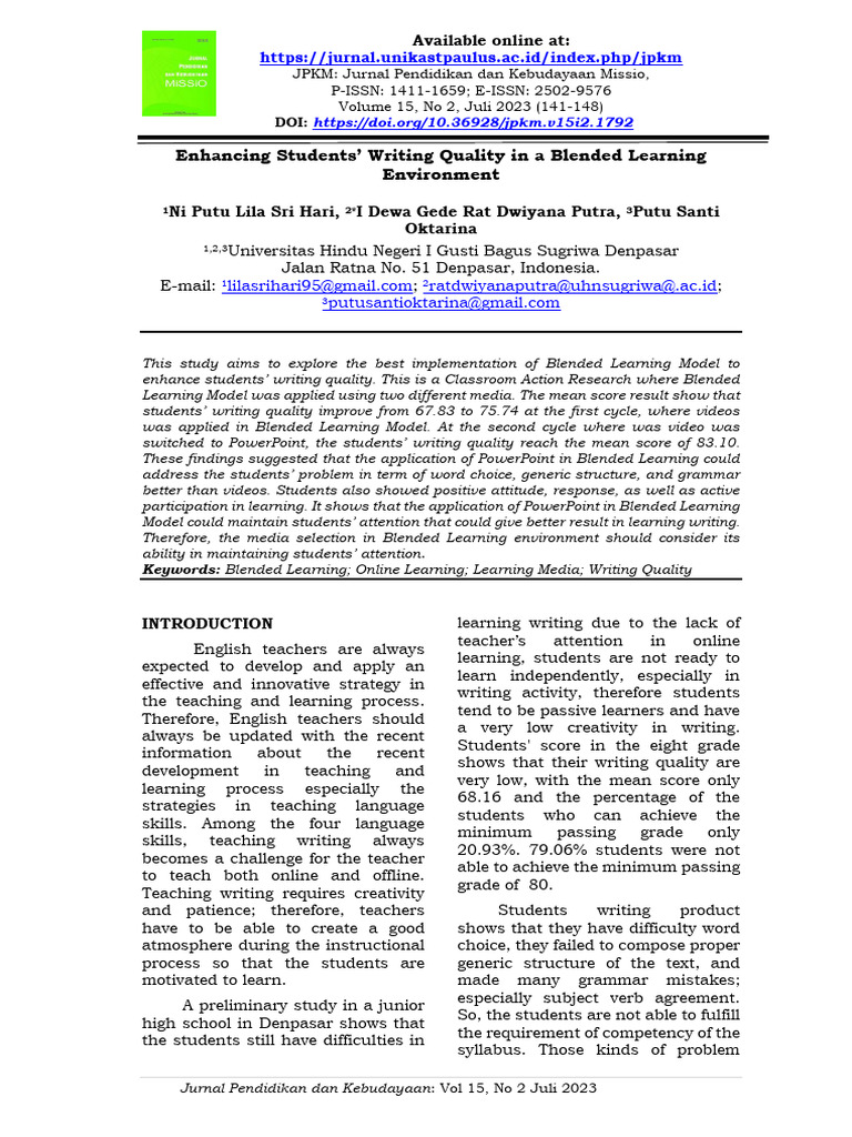 Writing Quality in Blended Learning | PDF | Teachers | Learning