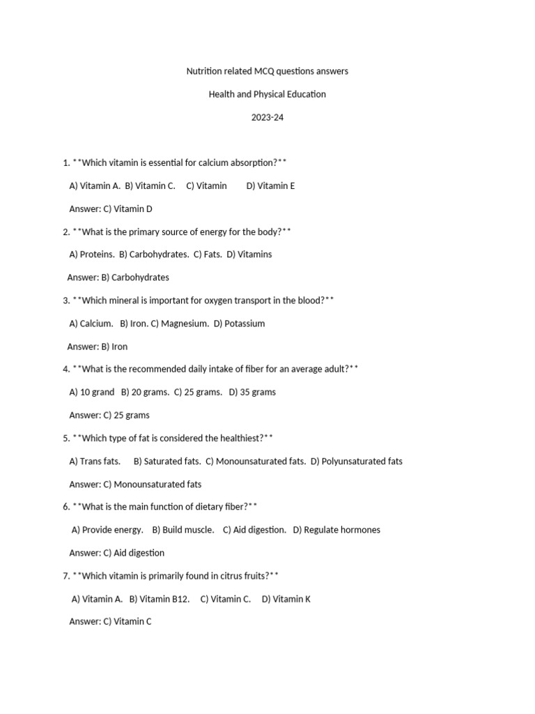 Nutrition MCQs for Health Education 2023 | PDF | Fat | Nutrients