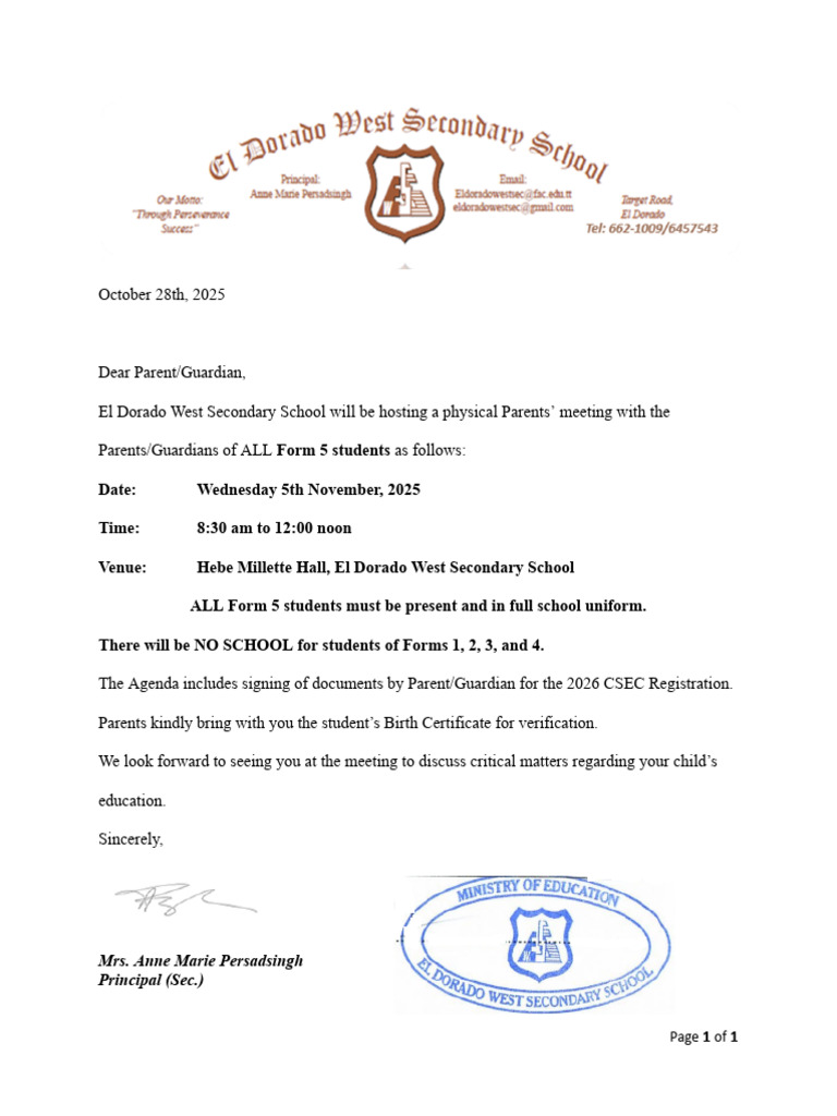 Form 5 2025 CSEC Registration Parents Meeting | PDF