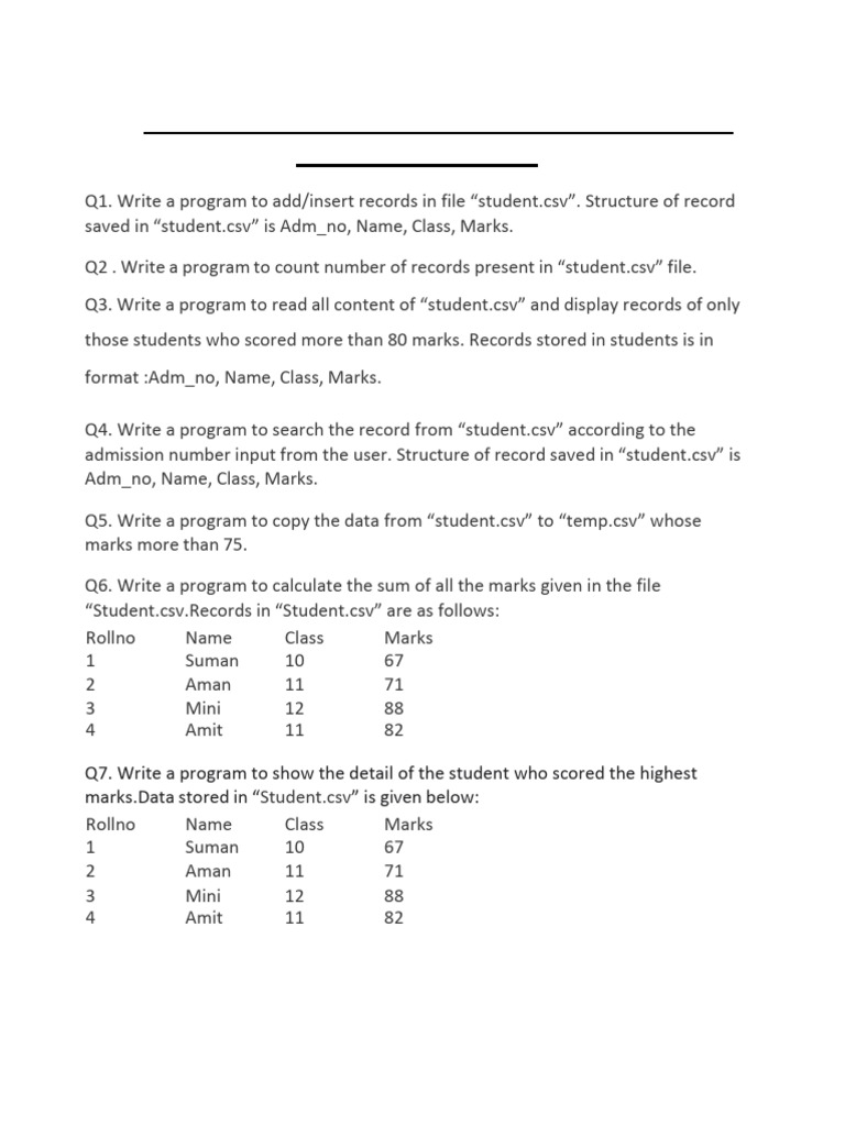 CSV File Handling Worksheet | PDF