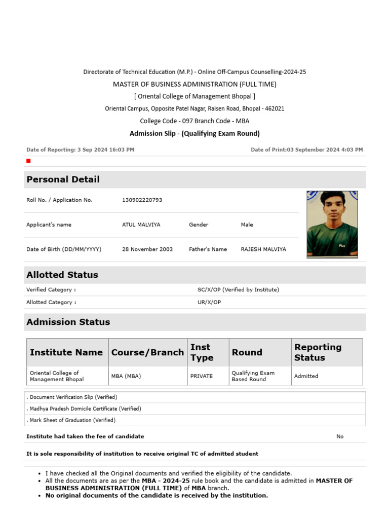 Admission Slip ATUL MALVIYA | PDF | Master Of Business Administration ...