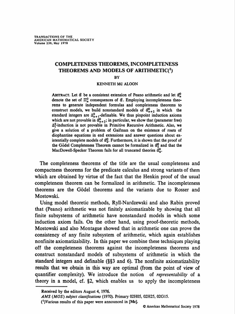 McAloon - Completeness Theorems, Incompleteness Theorems and Models of ...