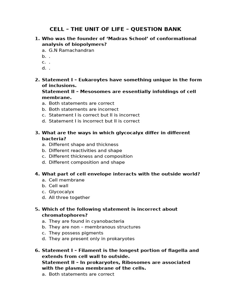Cells - Question Bank | PDF | Cell (Biology) | Organelle