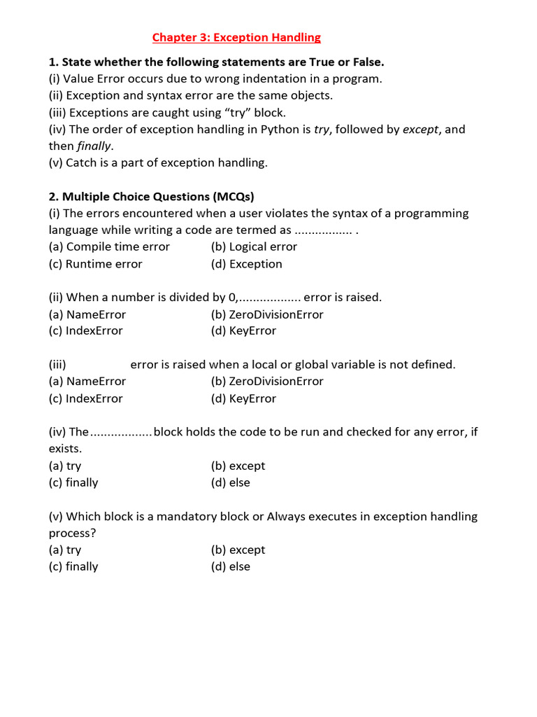 Exception Handling - Worksheet | PDF | Variable (Computer Science ...