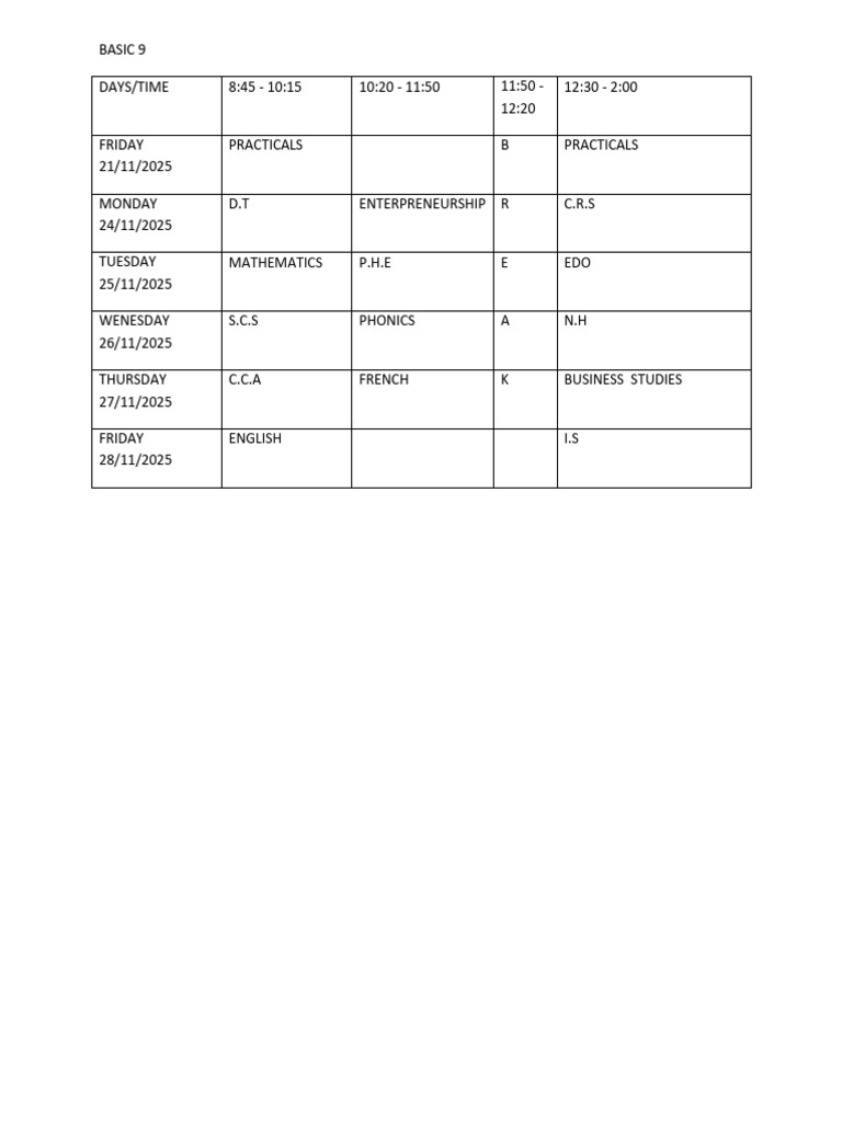 Basic 9 Exam Timetable | PDF