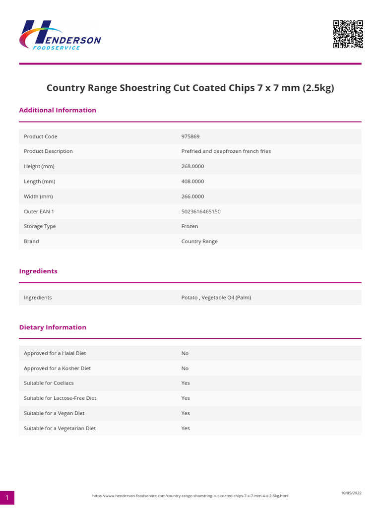 Country Range Shoestring Cut Coated Chips 7 X 7 MM 2 5kg | PDF | French ...