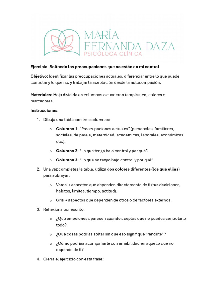 Ejercicio Soltando Lo Que No Esta Bajo Mi Control | PDF