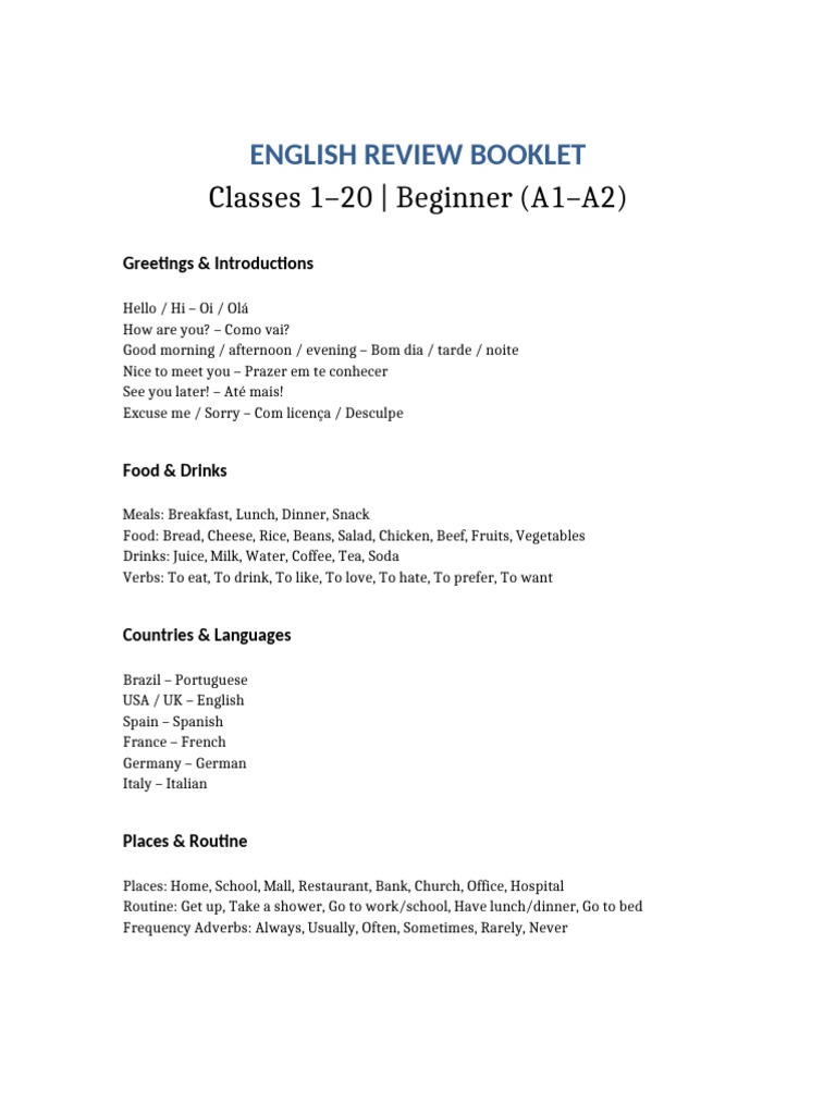 Beginner English Review Guide A1-A2 | PDF