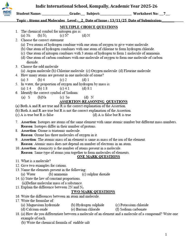 Class-9 Ch-3 Sci Worksheet | PDF | Ion | Chemical Compounds