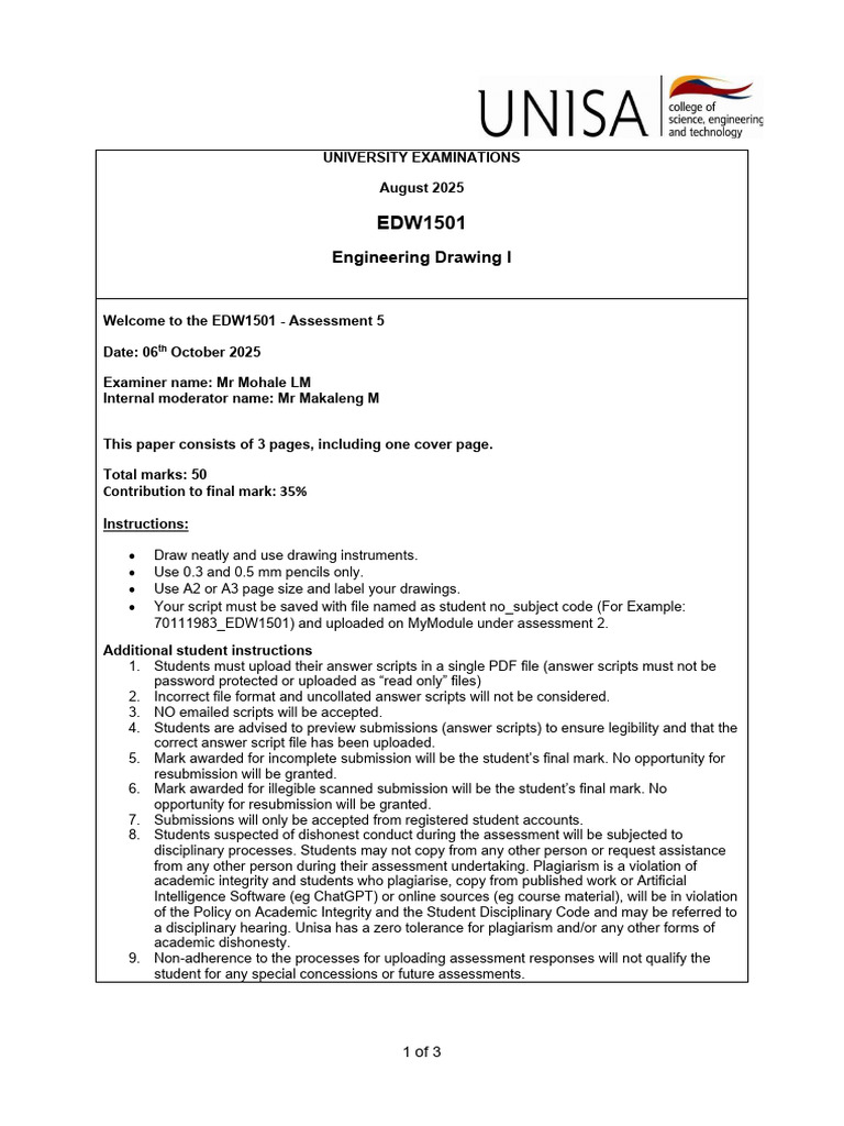EDW1501 Engineering Drawing Exam Guide | PDF