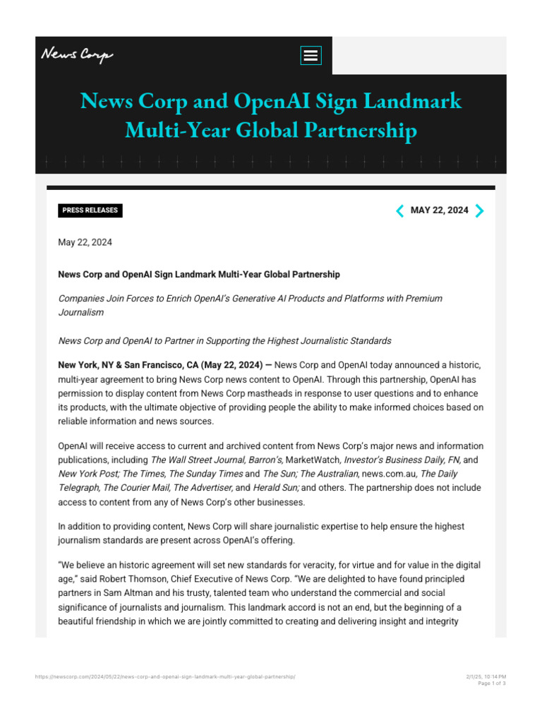 News Corp and OpenAI Sign Landmark Multi-Year Global Partnership - News ...