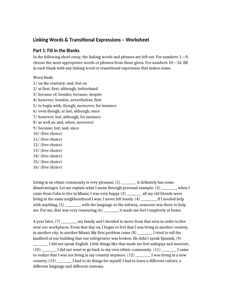 Linking Words and Transitions Worksheet | PDF