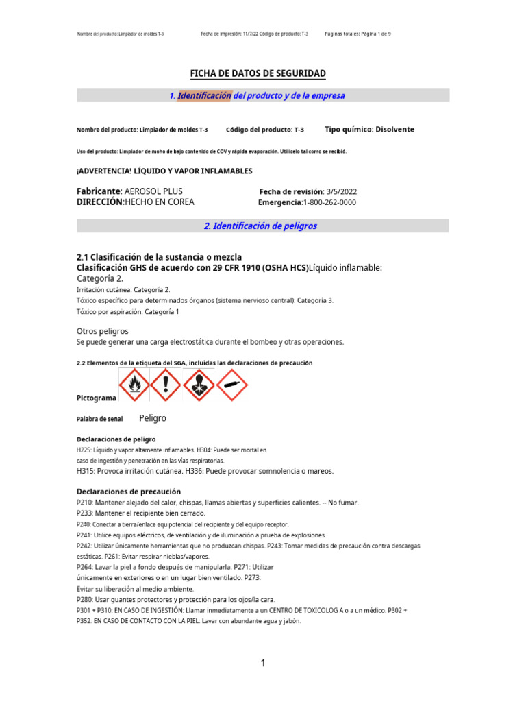 T-3 Mold Cleaner - Sds Esp - En.es | PDF | Agua | Ventilación ...