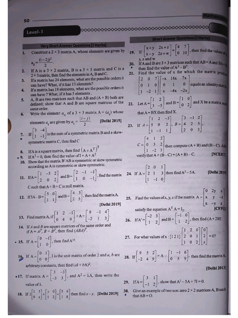 Matrices Level 1&2 Question | PDF