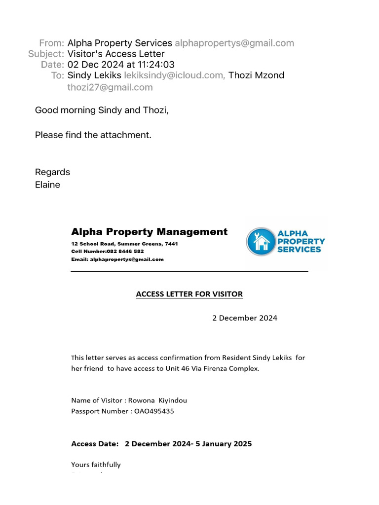 Visitor's Access Letter | PDF