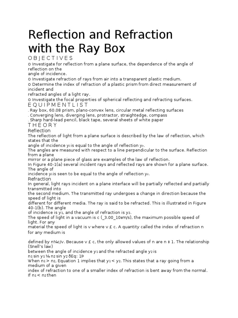 Reflection and Refraction With The Ray Box: Objectives | PDF | Lens ...