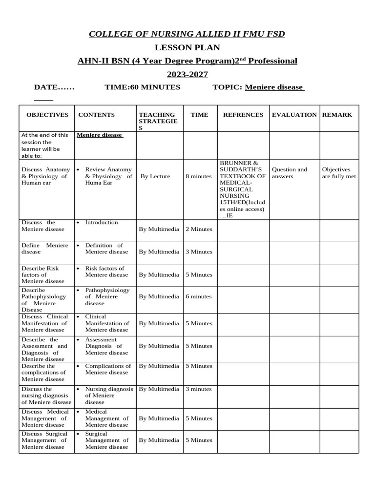 Meniere Disease Nursing Lesson Plan | PDF | Ménière's Disease | Medicine
