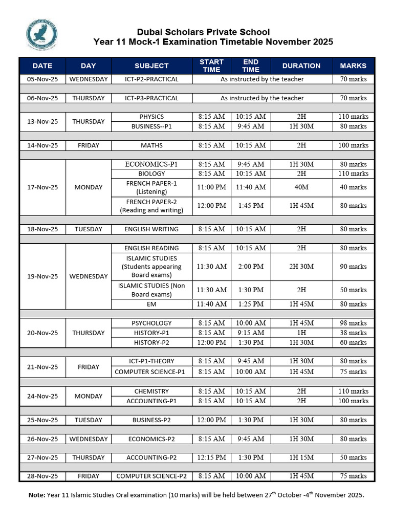 Year 11 - Mock 1 - November Time Table | PDF | Educational Assessment ...
