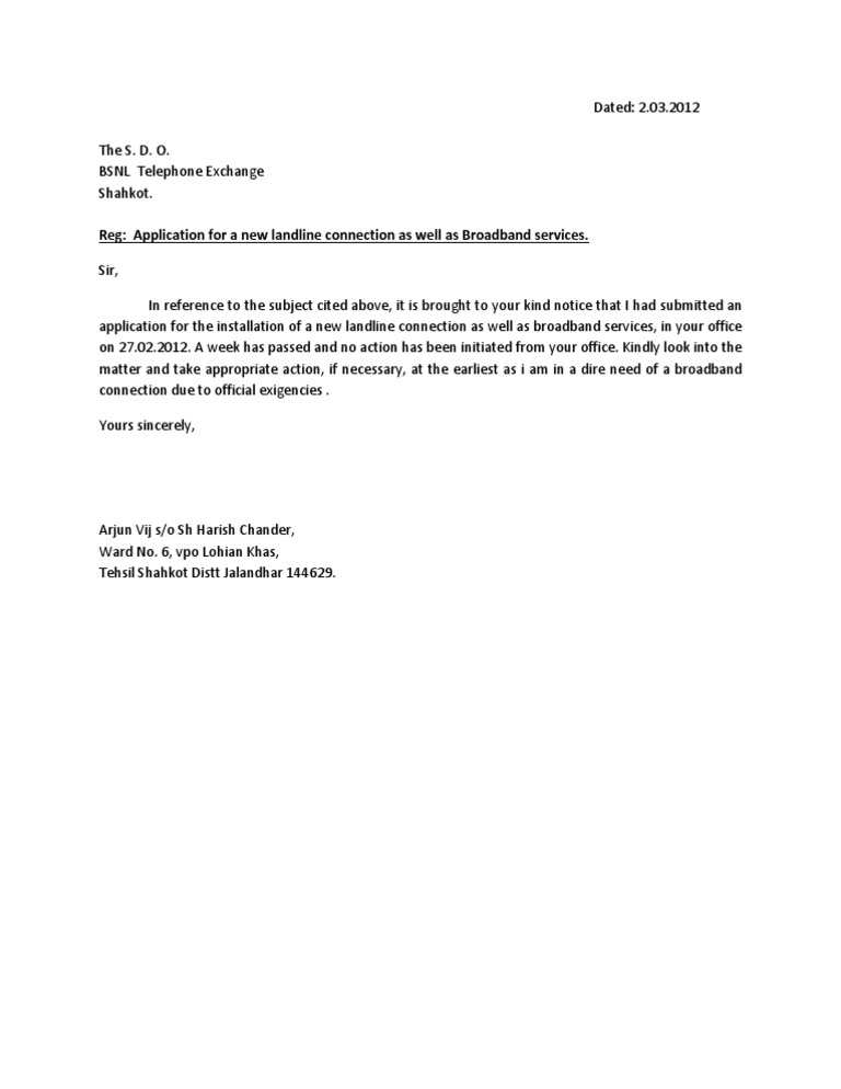 Reg: Application For A New Landline Connection As Well As Broadband ...