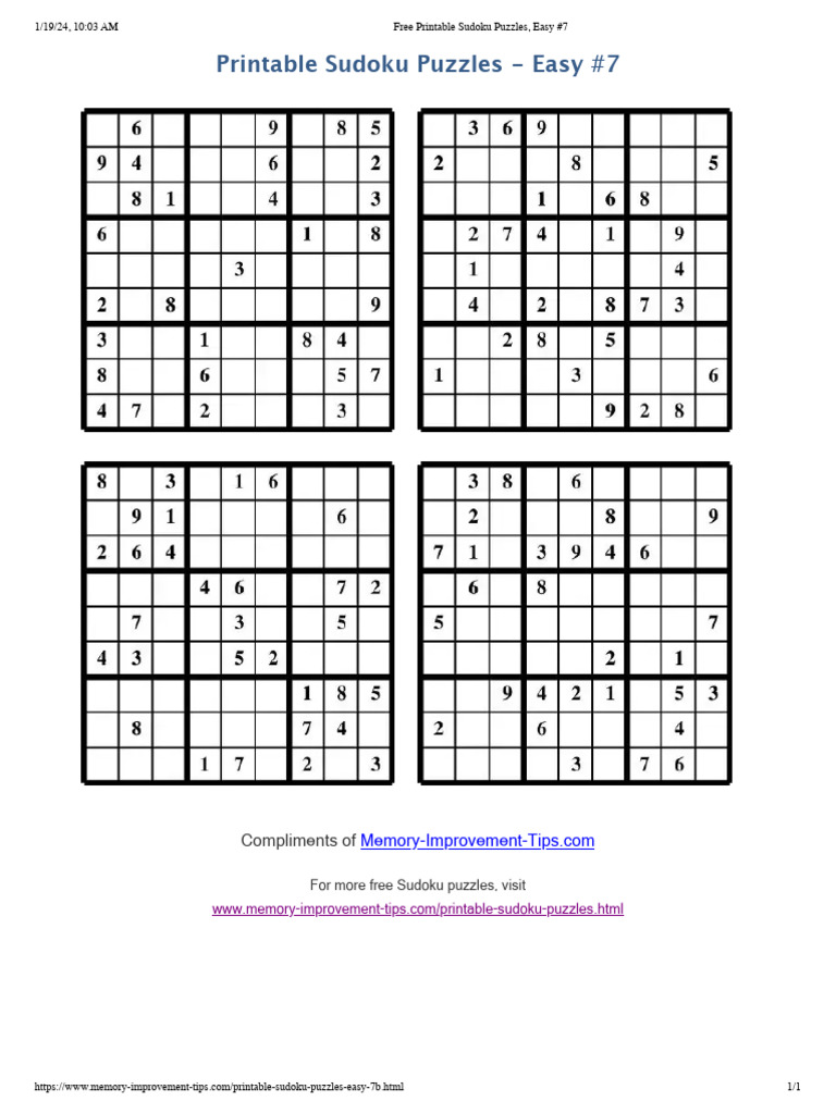 Free Printable Sudoku Puzzles, Easy #7 | PDF