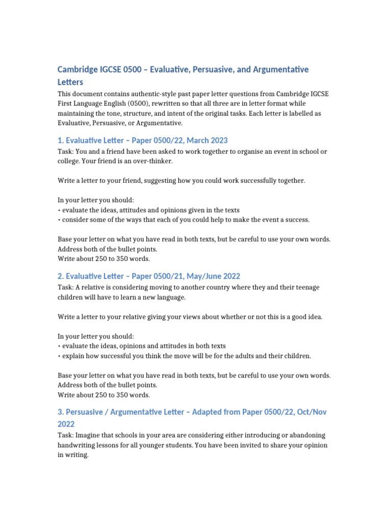 IGCSE 0500 All Letters Persuasive Evaluative Argumentative | PDF ...