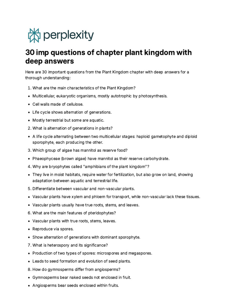 30 Key Questions on Plant Kingdom | PDF | Spore | Plants