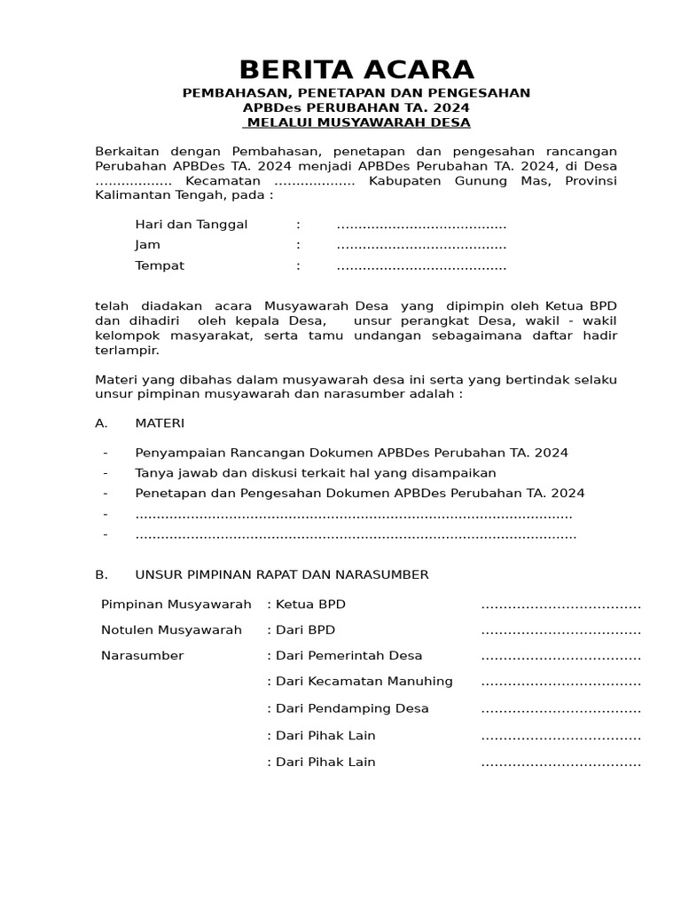 Musyawarah Desa Pengesahan APBDes 2024 | PDF