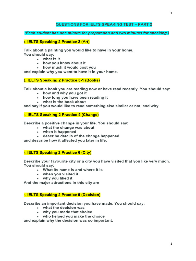 Questions For Ielts Speaking Test - Part 2 | PDF