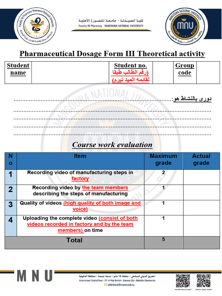 Dosage Form III Theortical Activity Rubric For Students | PDF
