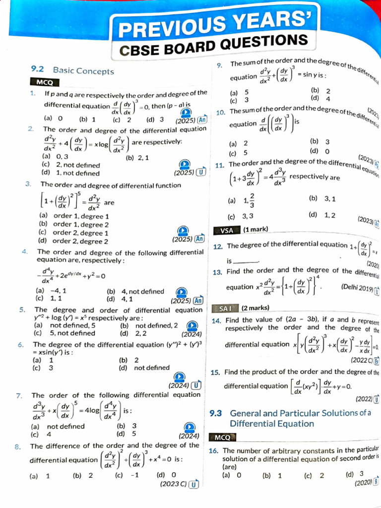 Class 12 Maths Differential Equations PYQS of Last 10 Yrs | PDF | Equations | Mathematics