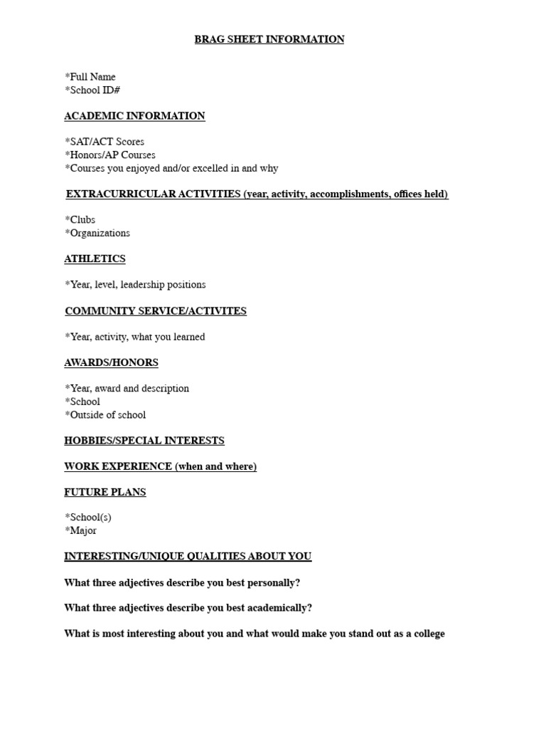 Brag Sheet Template | PDF
