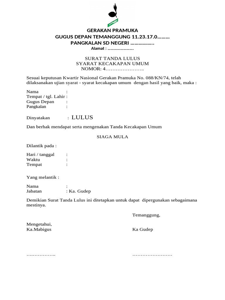 Surat Tanda Lulus Pramuka Siaga Mula | PDF