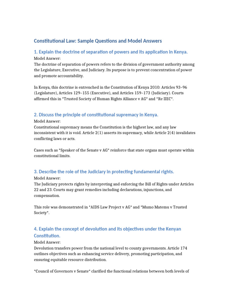 Kenyan Constitutional Law Q&A Guide | PDF