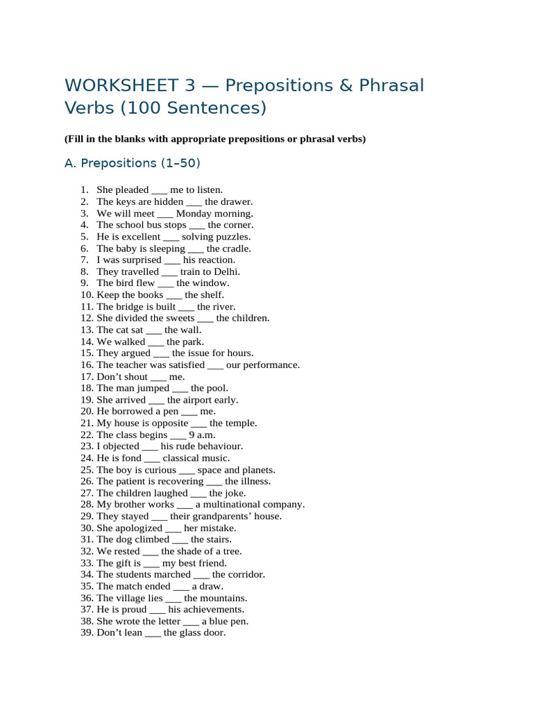 Prepositions and Phrasal Verbs Worksheet | PDF