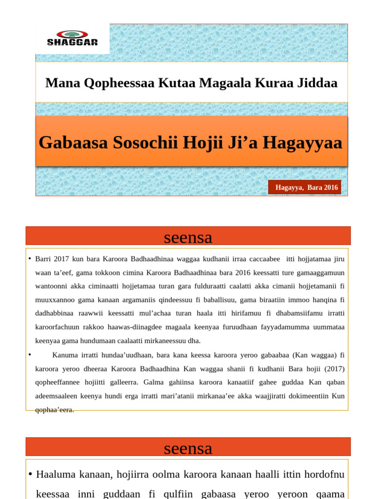 Gabaasa Hojii Sosochii Ji'a Hagayyaa KMKJiddaa | PDF