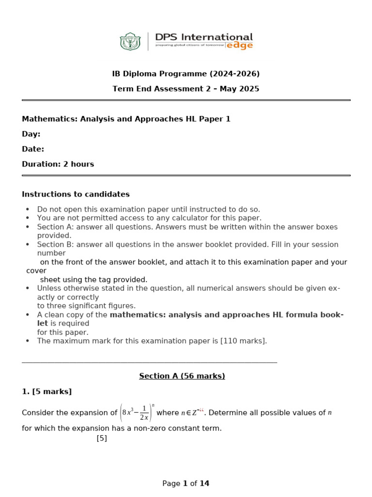 Dp1 Aahl Tea2 Paper 1 QP 2024-26 | PDF | Function (Mathematics) | Equations
