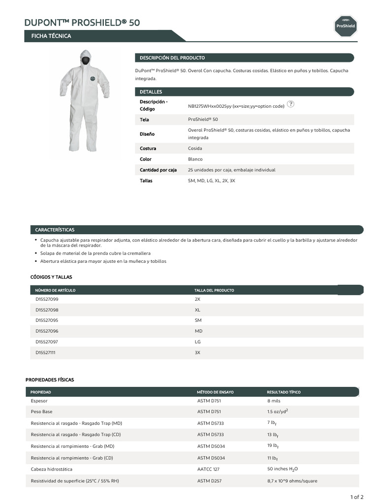 Dupont Proshield 50 nb127s 1397 - MX | PDF | Ropa | Moda