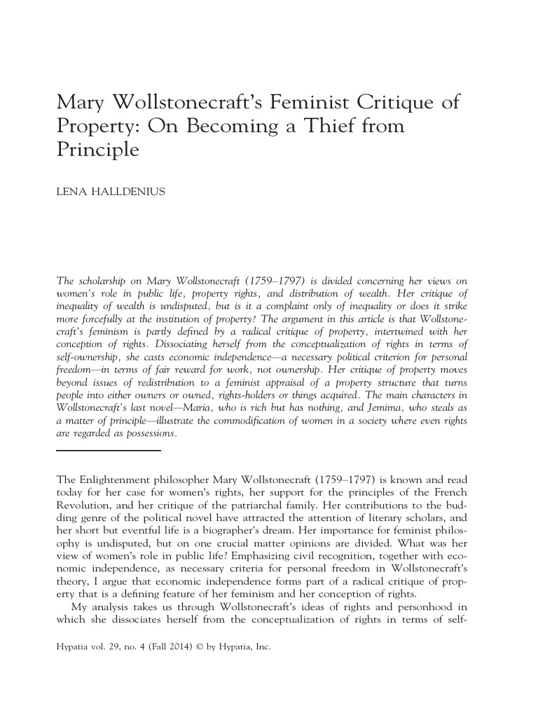 Halldenius - Mary Wollstonecraft's Feminist Critique of Property | PDF ...