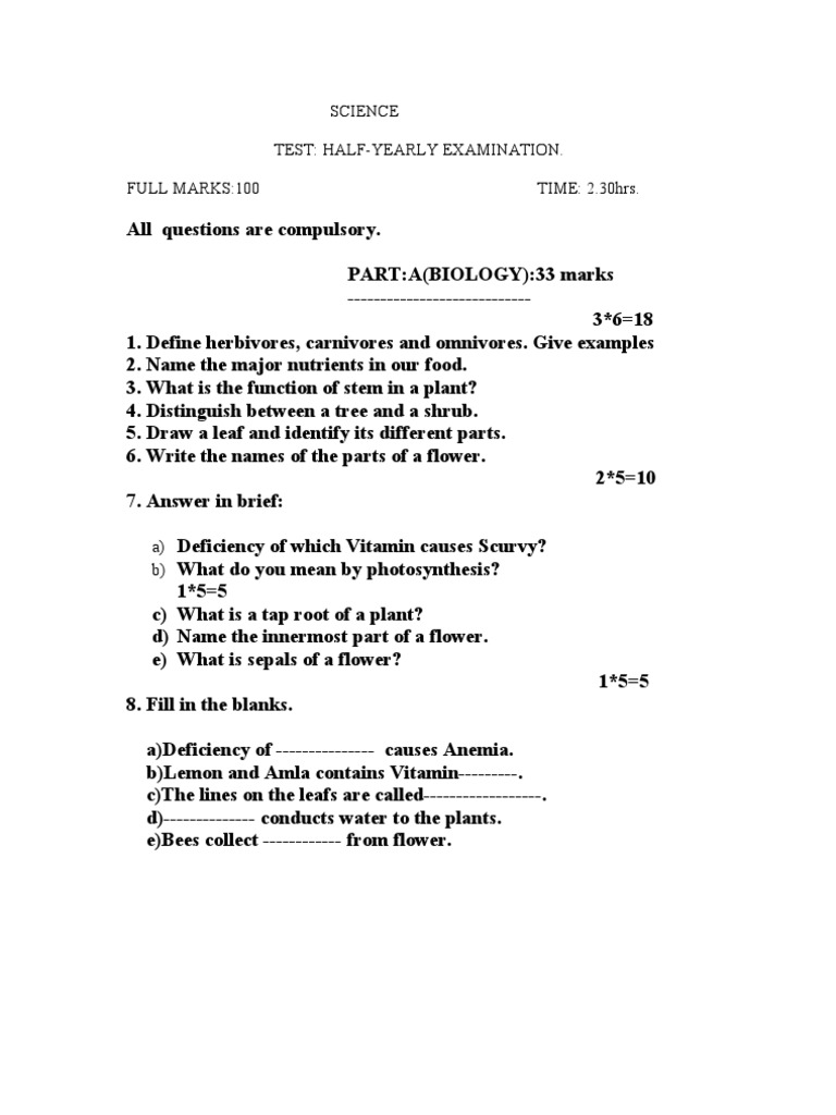 Science Test: Half-Yearly Examination. Full Marks:100 Time: 2.30Hrs | PDF