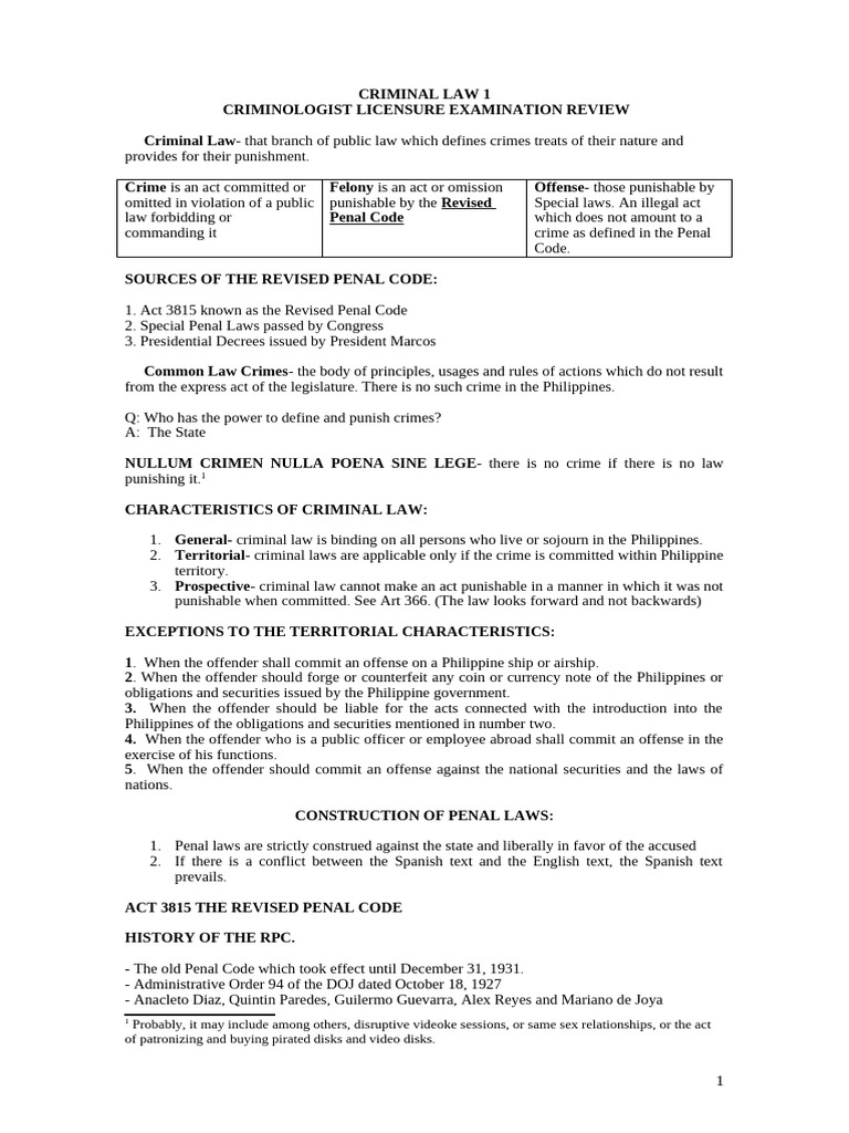 Criminal Law 1 Reviewer | PDF | Crimes | Crime & Violence