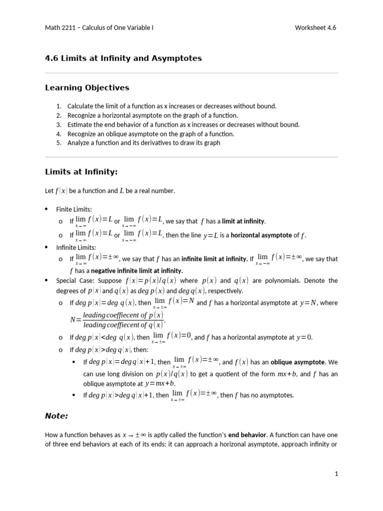 4.6 Limits at Infinity and Asymptotes | PDF | Asymptote | Limit ...