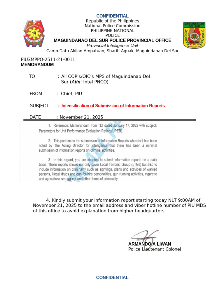 RUSH MEMO Intensification of Submission of Information Report 11-21 ...