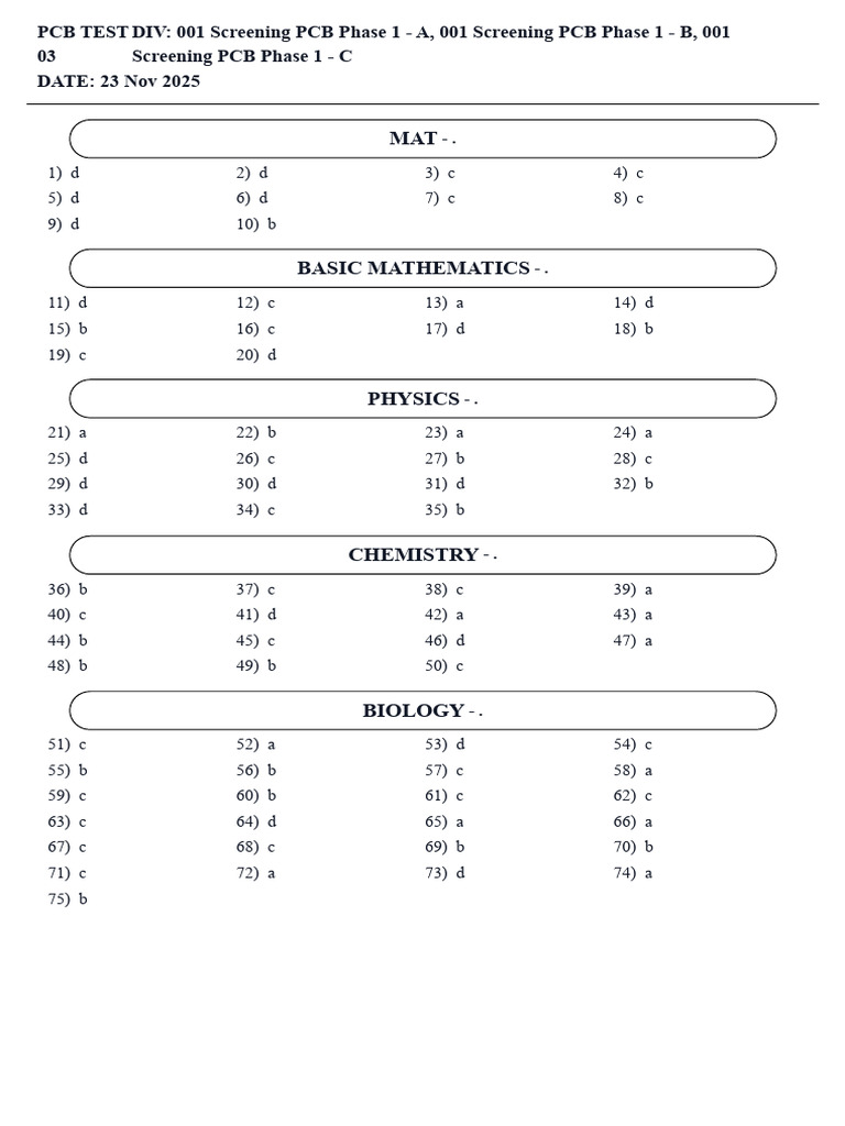 11 Screening PCB Phase 1 Test 03 Answer Key | PDF
