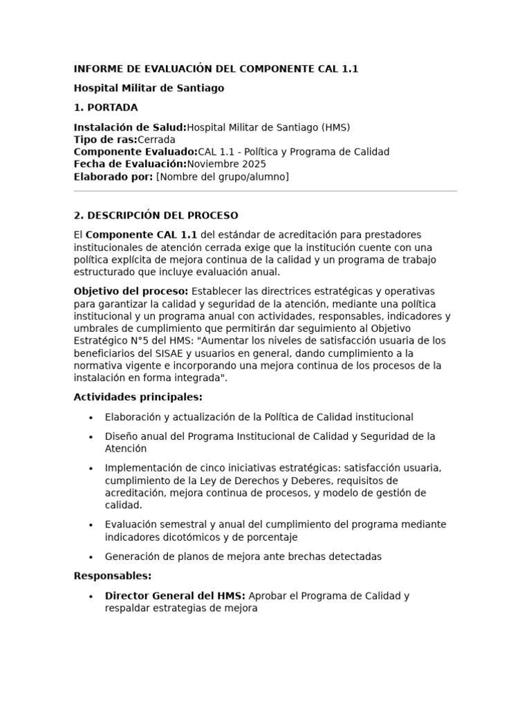 INFORME DE EVALUACIÓN DEL COMPONENTE CAL 1 | PDF