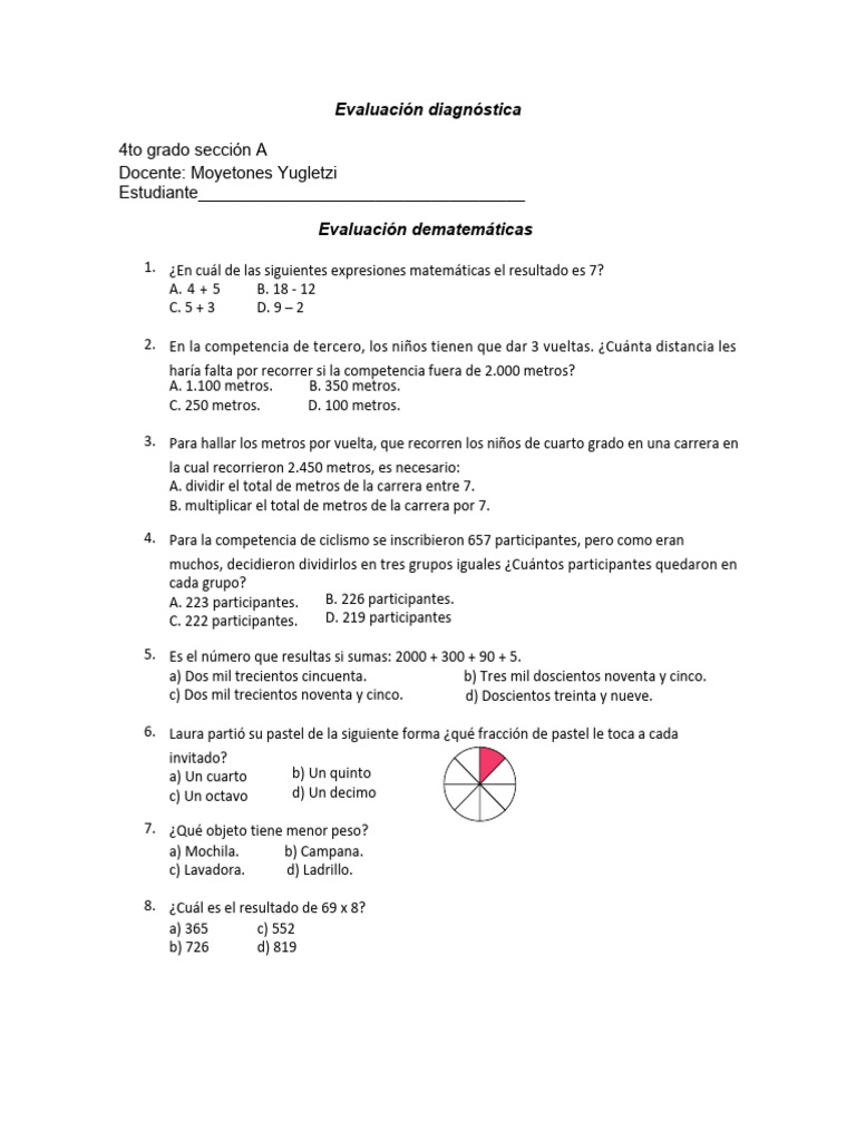 Evaluación de Matemáticas y Lenguaje 4to Grado | PDF
