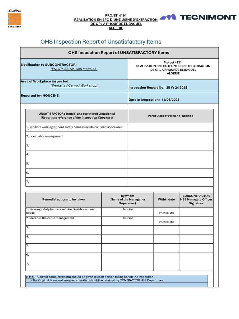 OHS Inspection Report of Unsatisfactory Confined Space Inspection 11.06.25 | PDF | Chess Theory ...